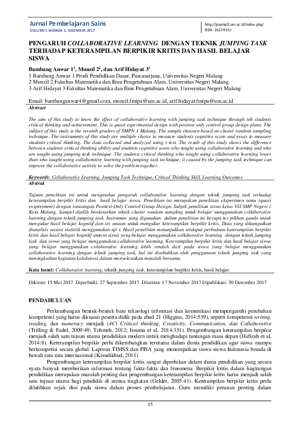 (PDF) Pengaruh Collaborative Learning dengan Teknik Jumping Task ...