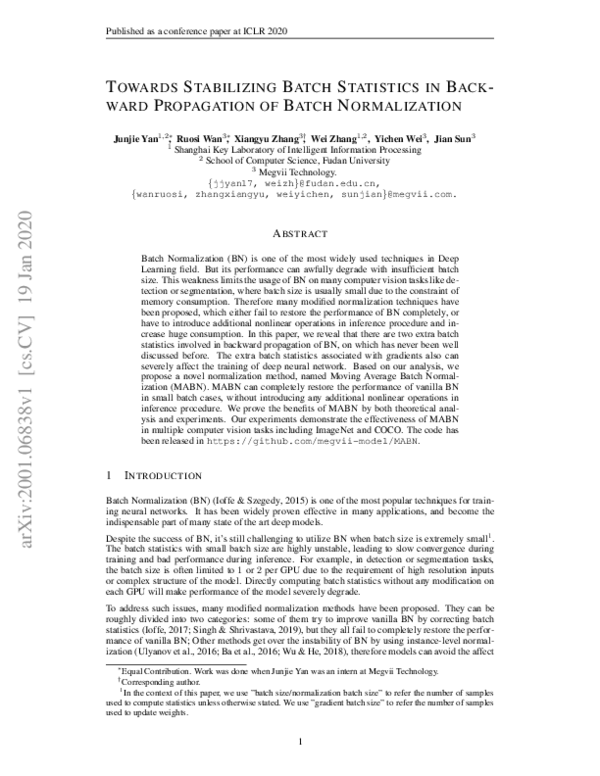 (PDF) Towards Stabilizing Batch Statistics in Backward Propagation of Batch Normalization
