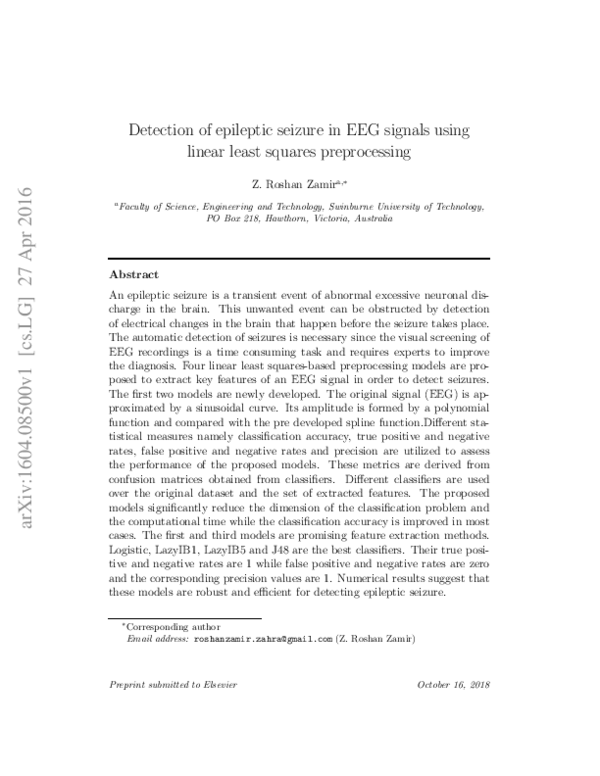 Pdf Detection Of Epileptic Seizure In Eeg Signals Using Linear Least Squares Preprocessing