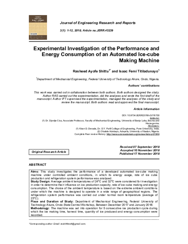 (PDF) Experimental Investigation of the Performance and Energy ...