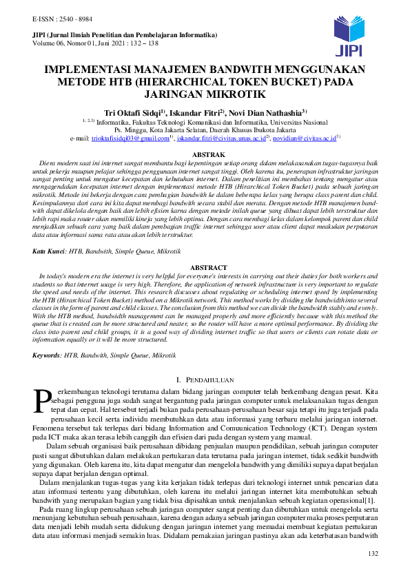 Pdf Implementasi Manajemen Bandwith Menggunakan Metode Htb Hierarchical Token Bucket Pada