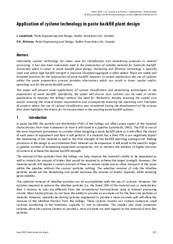 (PDF) Application of cyclone technology in paste backfill plant design