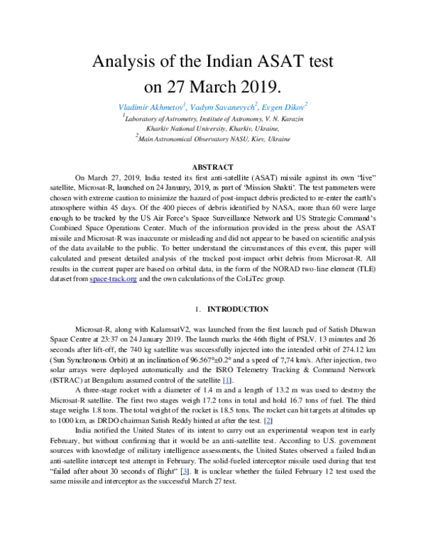 (PDF) Analysis of the Indian ASAT test on 27 March 2019