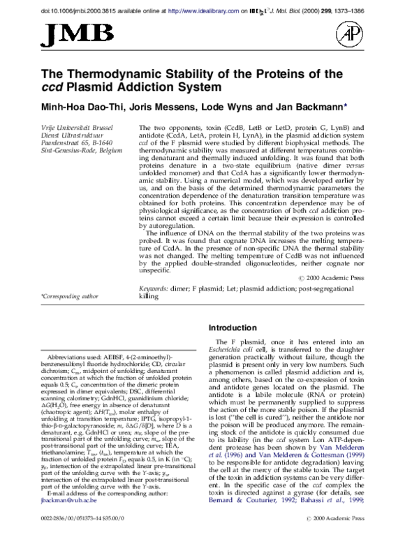 (PDF) The thermodynamic stability of the proteins of the ccd plasmid ...