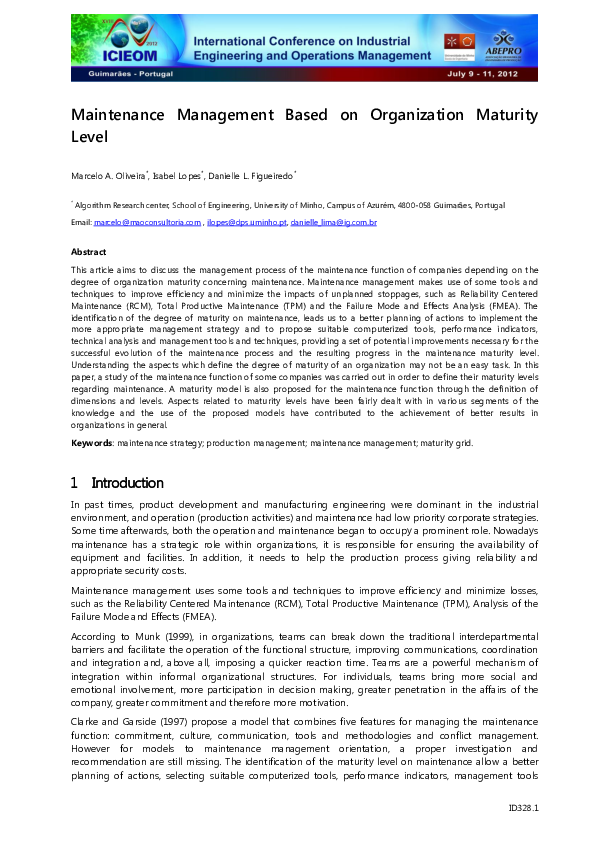 (PDF) Maintenance management based on organization maturity level