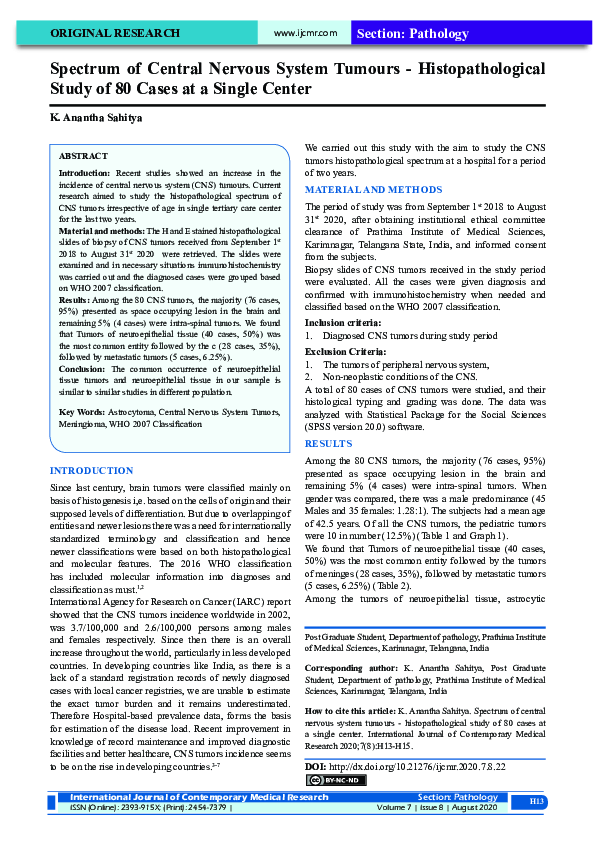 (PDF) Spectrum of Central Nervous System Tumours-Histopathological Study of 80 Cases at a Single ...