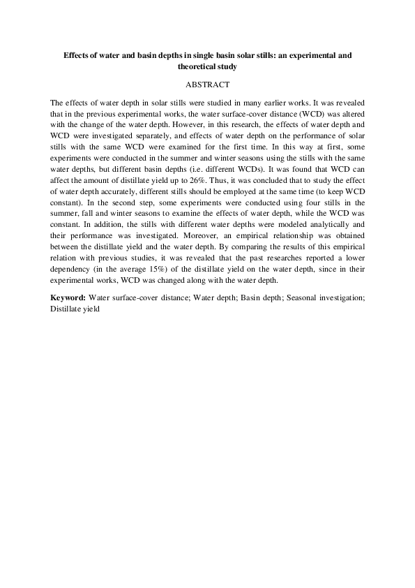 (PDF) Effects of water and basin depths in single basin solar stills ...