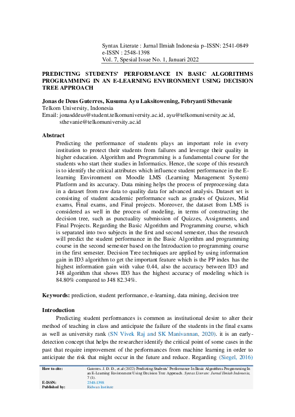 (PDF) Predicting Students’ Performance In Basic Algorithms Programming In an E-Learning ...