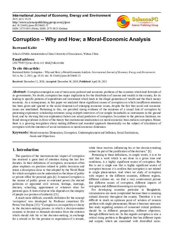 (PDF) Corruption -Why and How; a Moral-Economic Analysis