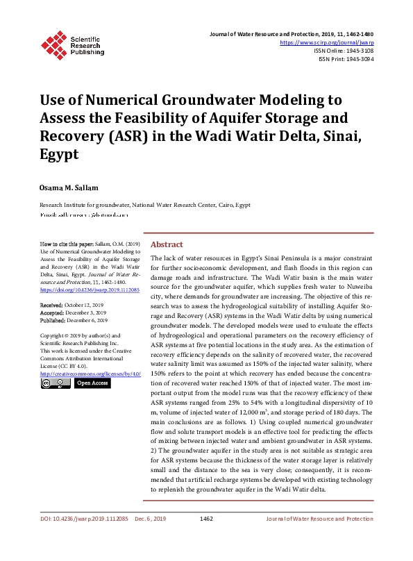 (PDF) Use of Numerical Groundwater Modeling to Assess the Feasibility ...