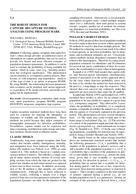 (PDF) The Robust Design for Capture–Recapture Studies: Analysis Using Program Mark