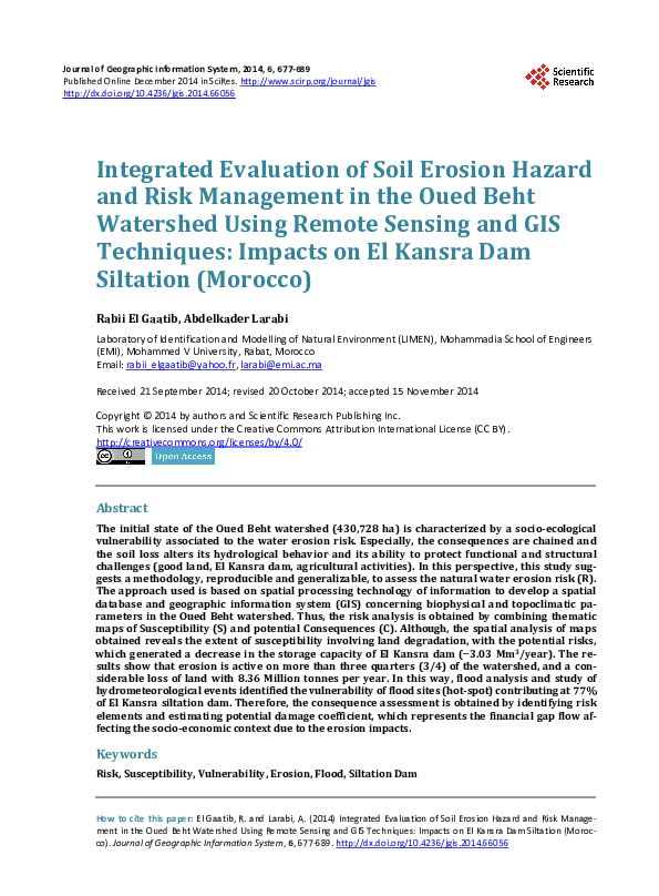 (PDF) Integrated Evaluation of Soil Erosion Hazard and Risk Management in the Oued Beht ...