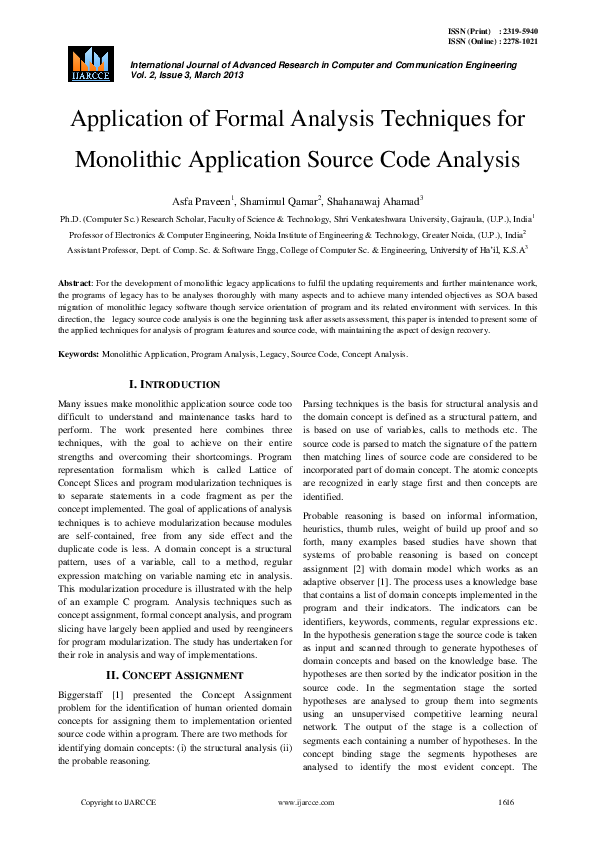 (PDF) Application of Formal Analysis Techniques for Monolithic Application Source Code Analysis