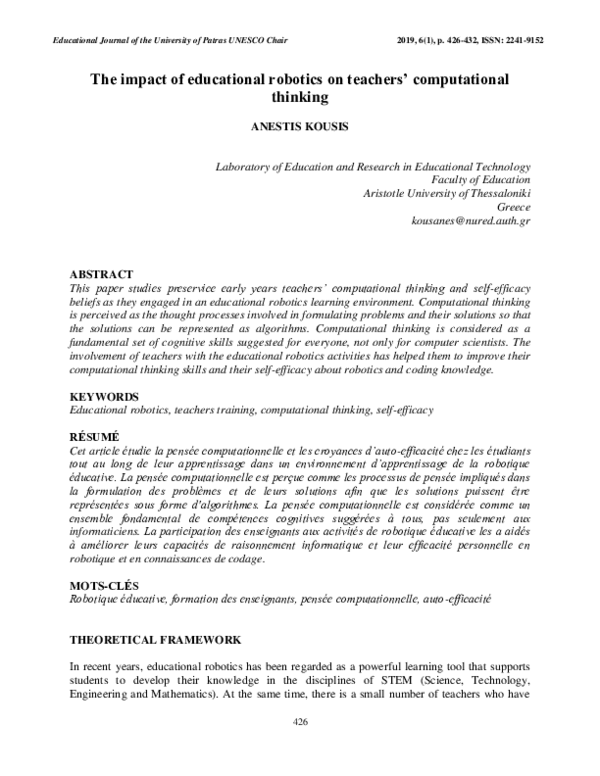 Pdf The Impact Of Educational Robotics On Teachers Computational Thinking