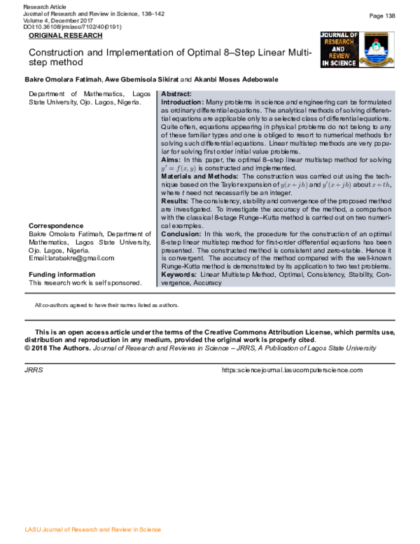 (PDF) Construction and Implementation of Optimal 8--Step Linear Multistep method