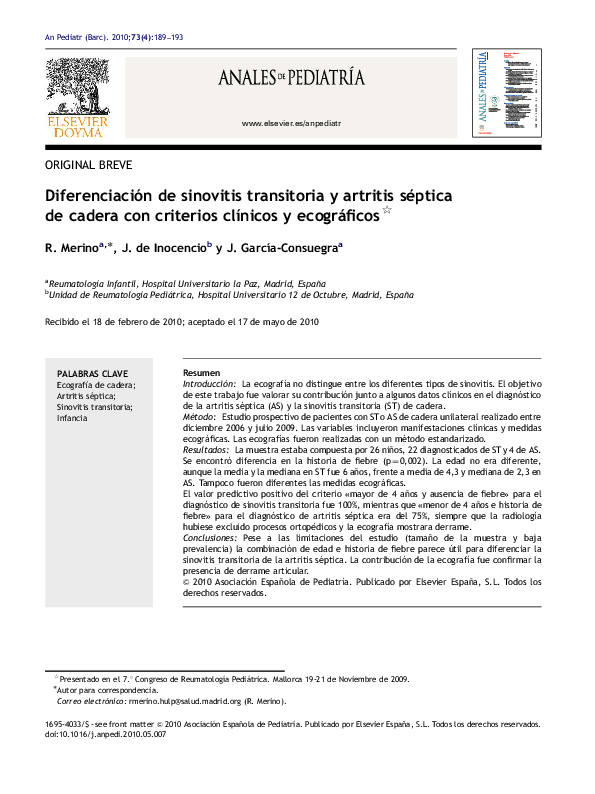 (PDF) Diferenciación de sinovitis transitoria y artritis séptica de ...