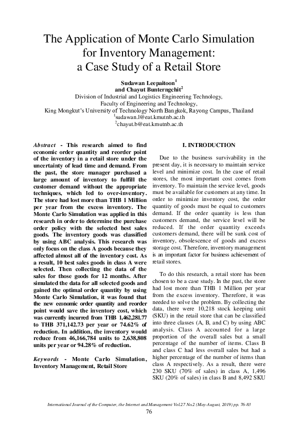(PDF) The Application of Monte Carlo Simulation for Inventory ...