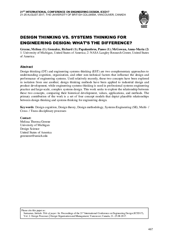 (PDF) Design thinking vs. systems thinking for engineering design: What ...