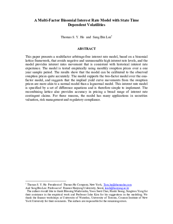(PDF) A Multi-Factor Binomial Interest Rate Model with State ...