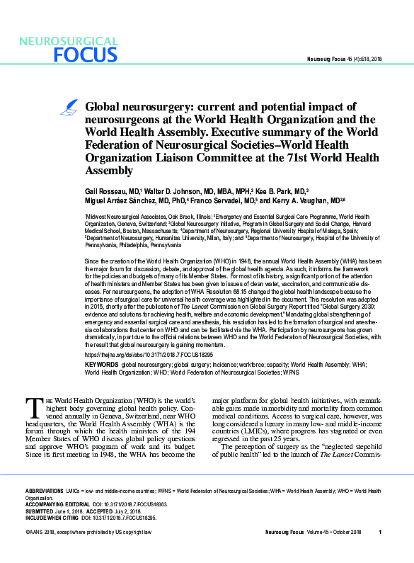(PDF) Global neurosurgery: current and potential impact of neurosurgeons at the World Health ...
