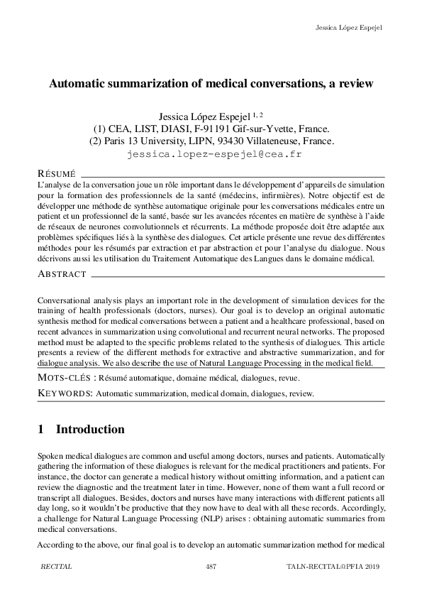 (PDF) Automatic summarization of medical conversations, a review