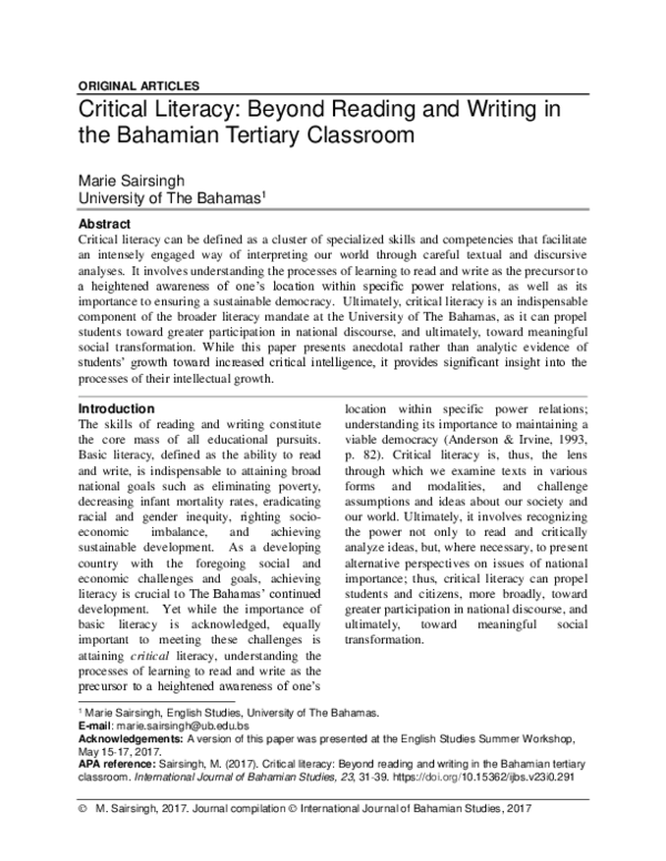 (PDF) Critical Literacy: Beyond Reading and Writing in the Bahamian ...
