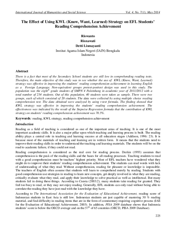 (PDF) The Effect of Using KWL (Know, Want, Learned) Strategy on EFL Students' Reading ...