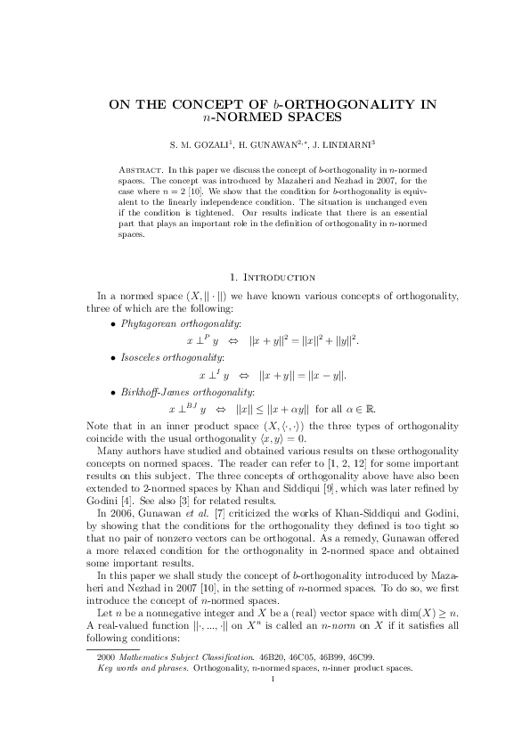 (PDF) ON THE CONCEPT OF b-ORTHOGONALITY IN n-NORMED SPACES