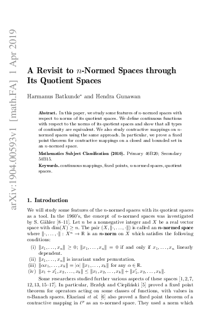 Pdf A Revisit To N Normed Spaces Through Its Quotient Spaces Hendra Gunawan