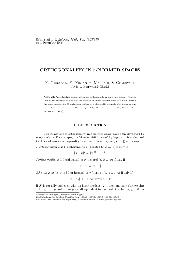 (PDF) ORTHOGONALITY IN n-NORMED SPACES
