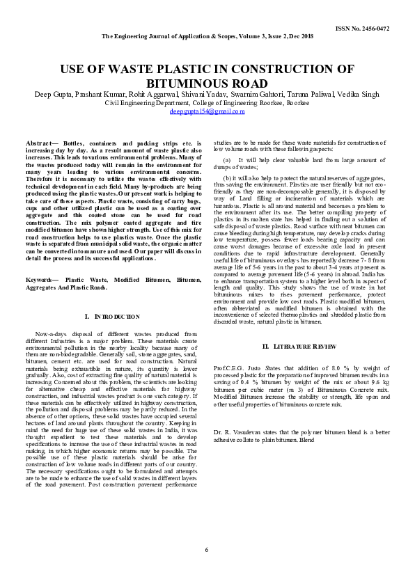 (PDF) Recycling Plastic Waste for Bituminous Roads