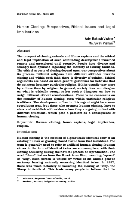 (PDF) Human Cloning: Perspectives, Ethical Issues and Legal Implications