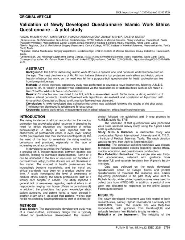 (PDF) Validation of Newly Developed Questionnaire Islamic Work Ethics Questionnaire -A pilot study