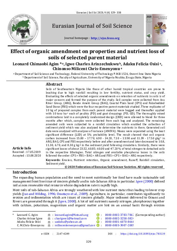 (PDF) Effect of organic amendment on properties and nutrient loss of soils of selected parent ...