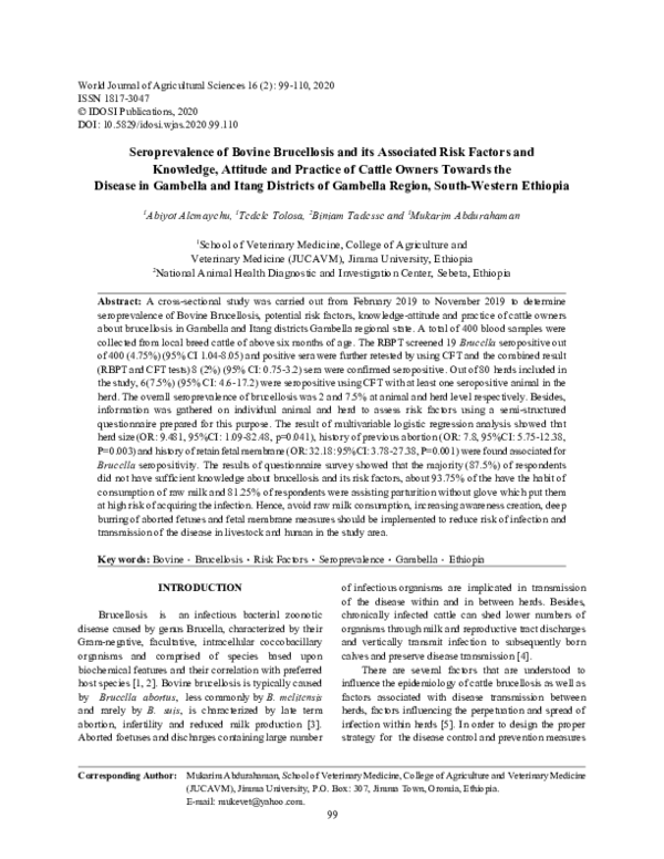 (PDF) Seroprevalence of Bovine Brucellosis and its Associated Risk ...