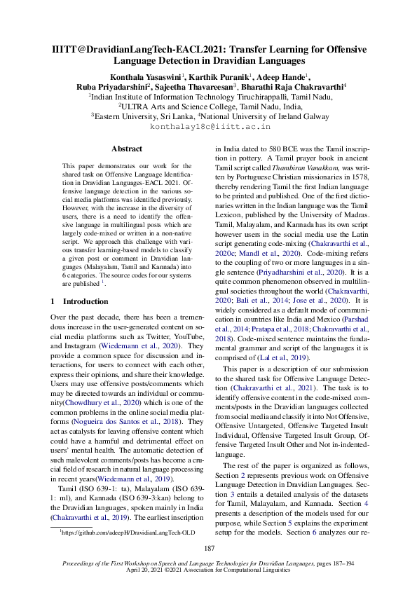 (PDF) IIITT@DravidianLangTech-EACL2021: Transfer Learning for Offensive Language Detection in ...