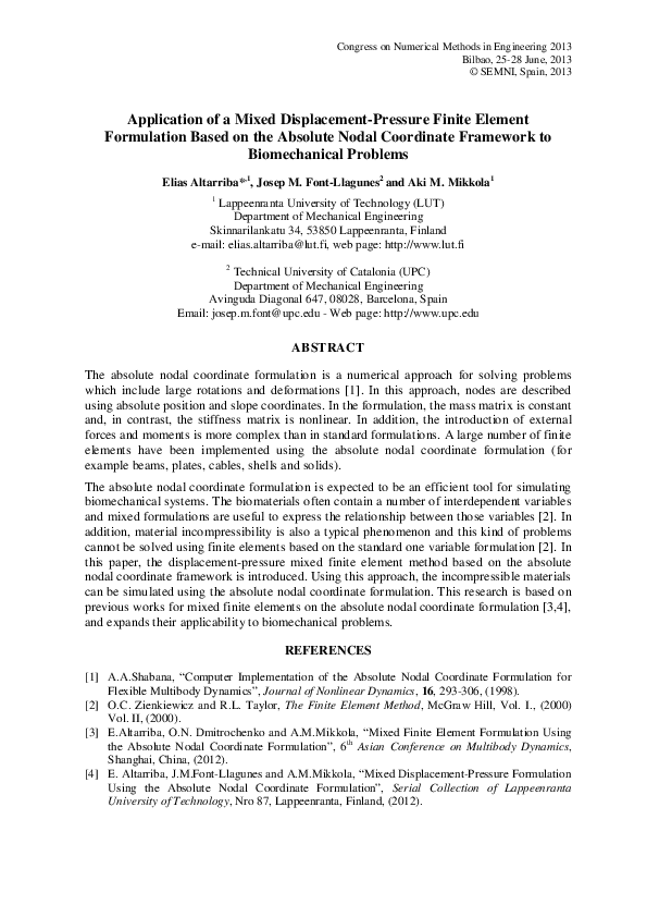 Pdf Application Of A Mixed Displacement Pressure Finite Element Formulation Based On The