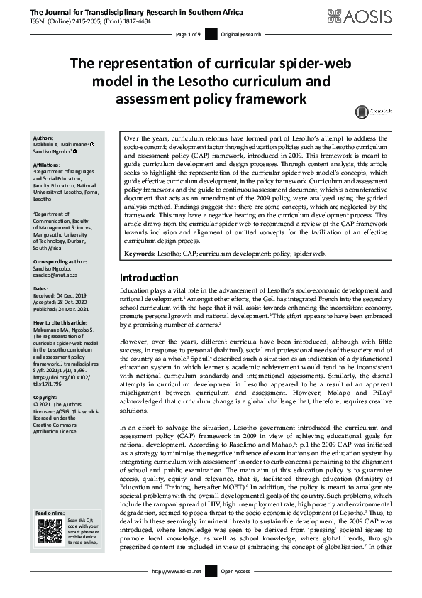 (PDF) The representation of curricular spider-web model in the Lesotho ...