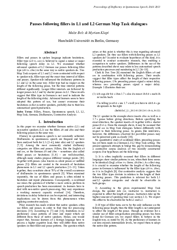 (PDF) Pauses following fillers in L1 and L2 German map task dialogues | Myriam Klapi - Academia.edu