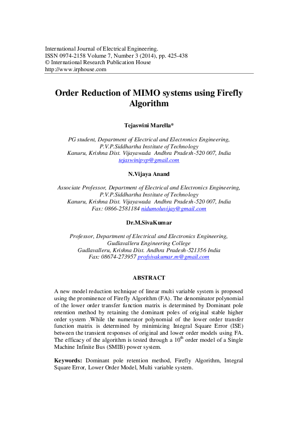 (PDF) Order Reduction of MIMO systems using Firefly Algorithm (PDF) Order Reduction of MIMO systems using Firefly Algorithm