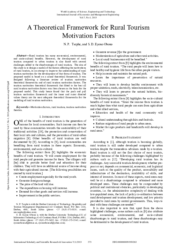 (PDF) A Theoretical Framework for Rural Tourism Motivation Factors