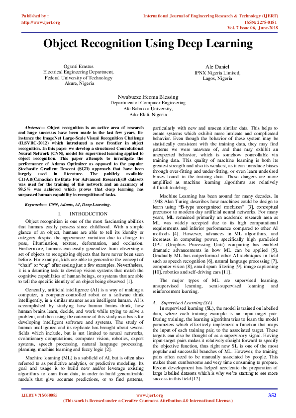(PDF) Object Recognition Using Deep Learning
