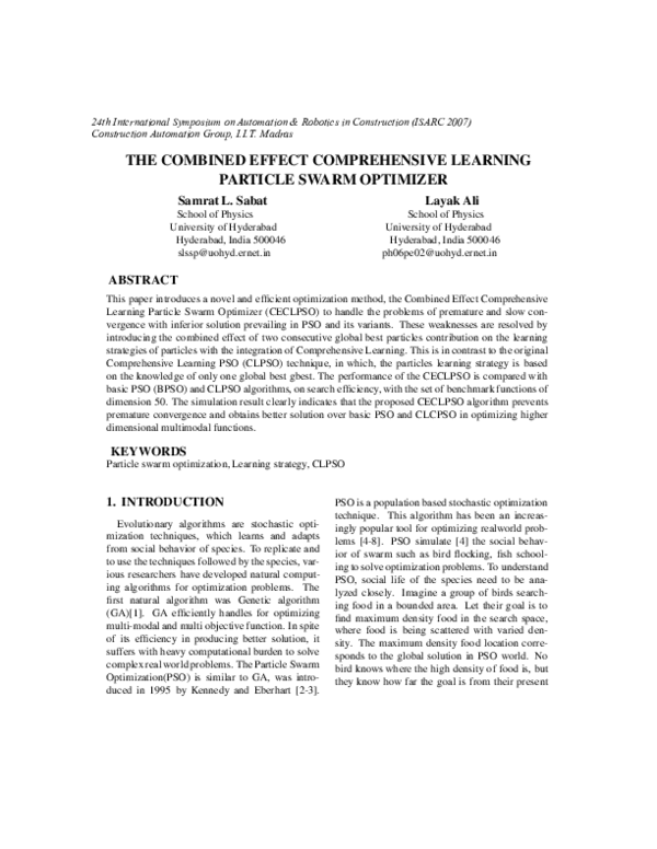 Pdf The Combined Effect Comprehensive Learning Particle Swarm Optimizer
