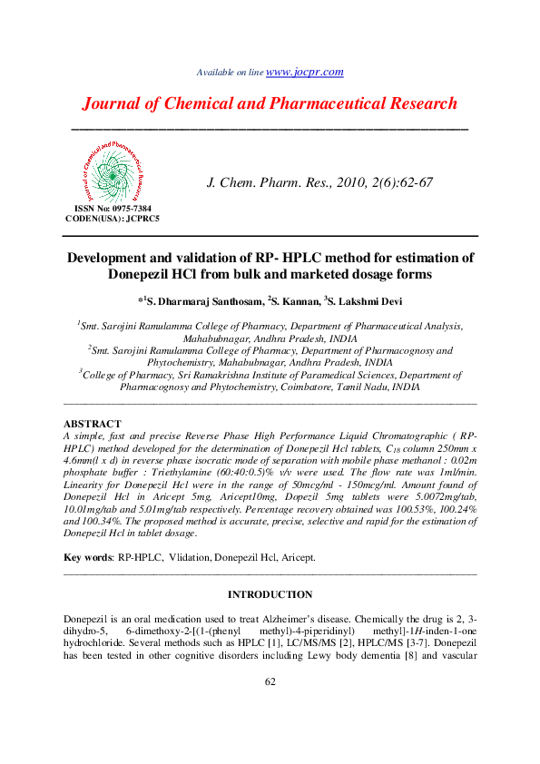 (PDF) Development and validation of RP- HPLC method for estimation of Donepezil HCl from bulk ...