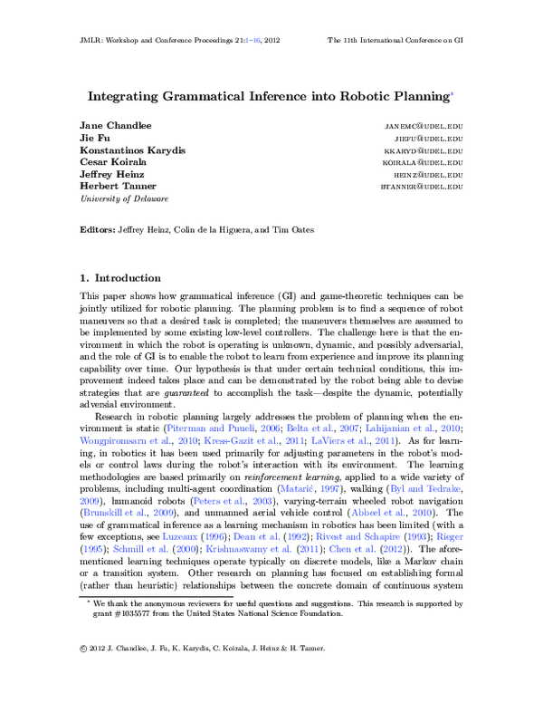 (PDF) Integrating Grammatical Inference into Robotic Planning