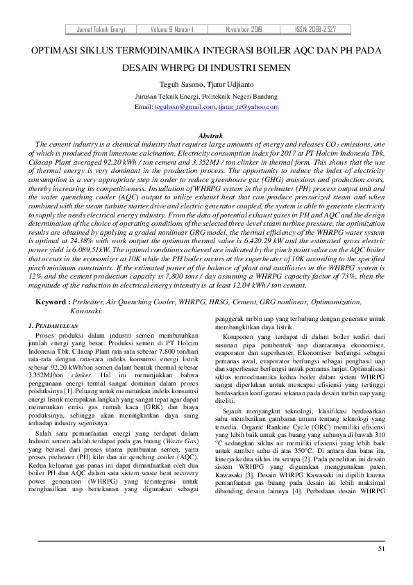 (PDF) Optimasi siklus termodinamika integrasi boiler AQC dan PH pada desain WHRPG di industri semen