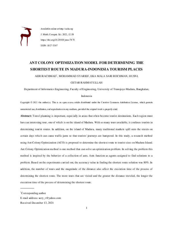 Pdf Ant Colony Optimization Model For Determining The Shortest Route In Madura Indonesia