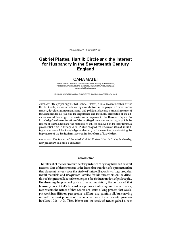 (PDF) Gabriel Plattes, Hartlib Circle and the Interest for Husbandry in ...