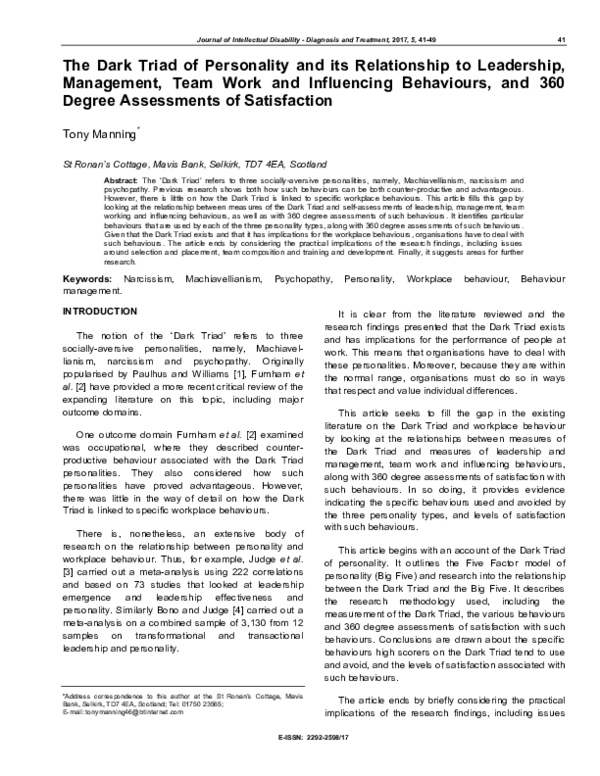 (PDF) The Dark Triad of Personality and its Relationship to Leadership ...