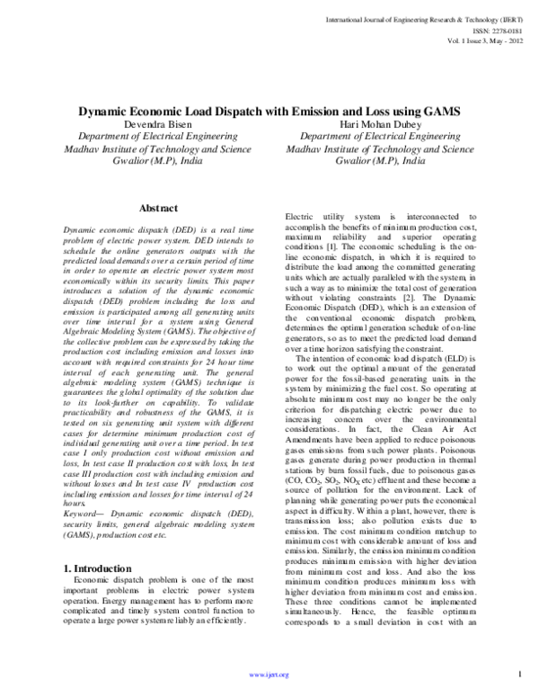 Pdf Dynamic Economic Load Dispatch With Emission And Loss Using Gams 